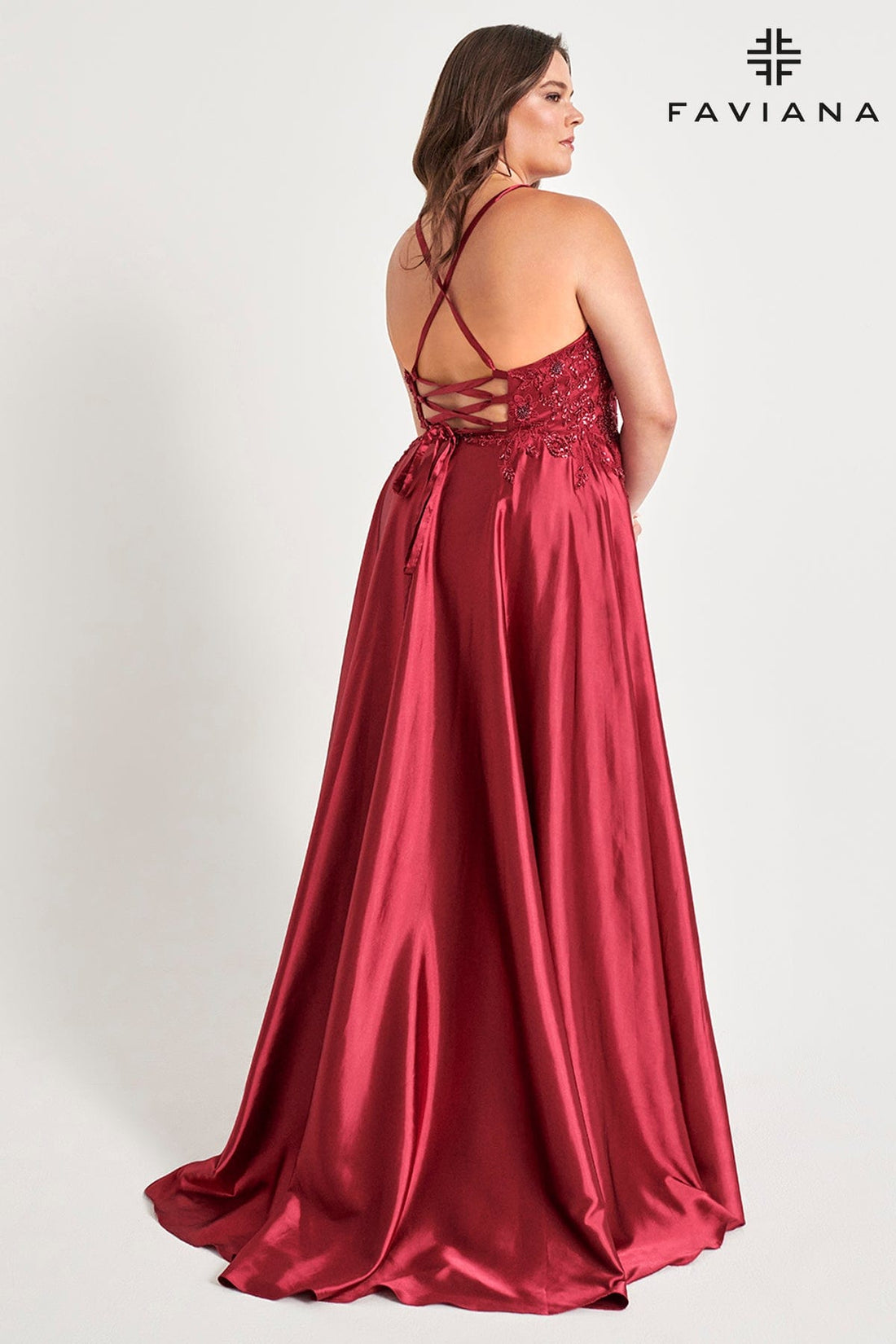 Plus Size V Neck Prom Dress With Flowy Skirt And Beaded Bodice | Faviana