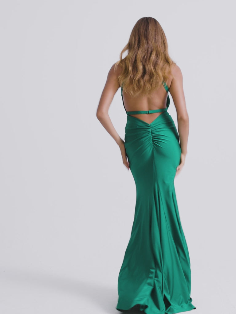 Tight Long V Neckline Dress With Halter Neck And Open Back | Faviana