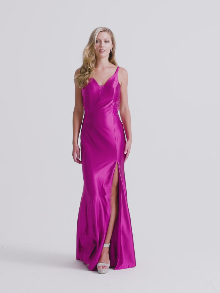 Satin Long Dress With Open Back And Rhinestone Embellishment | 11008