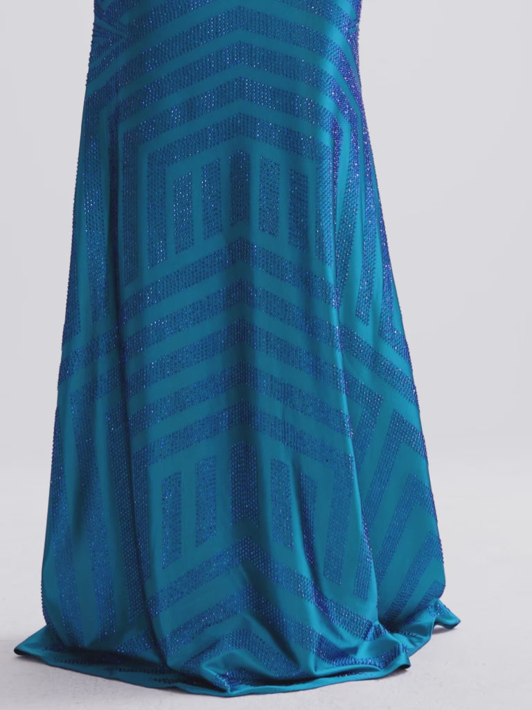 Long Beaded V Neckline Dress With Deep V And Mesh Side Panels | Faviana