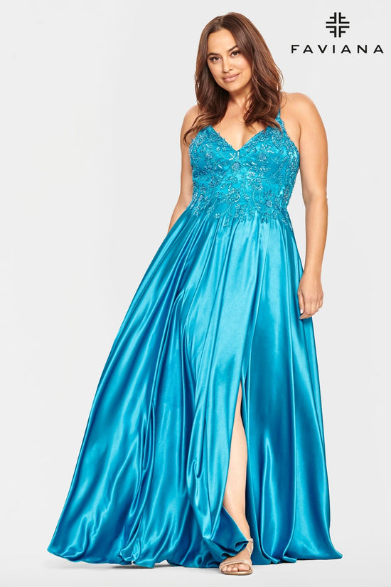 Plus Size V Neck Prom Dress With Flowy Skirt And Beaded Bodice | Faviana