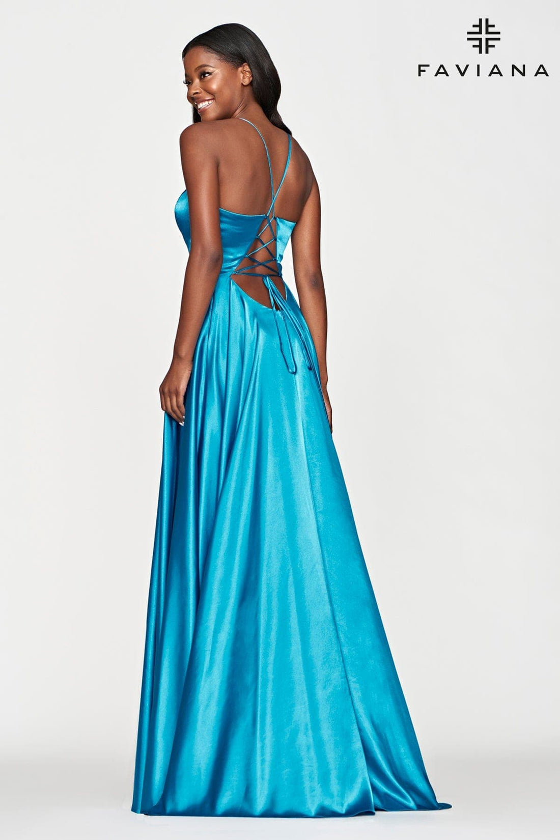 Silky Charmeuse Lace Up Back Prom Dress With Side Pockets | Faviana