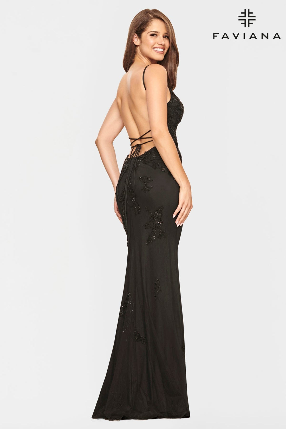 Beaded Lace Long V Neck Dress With Open Back | Faviana