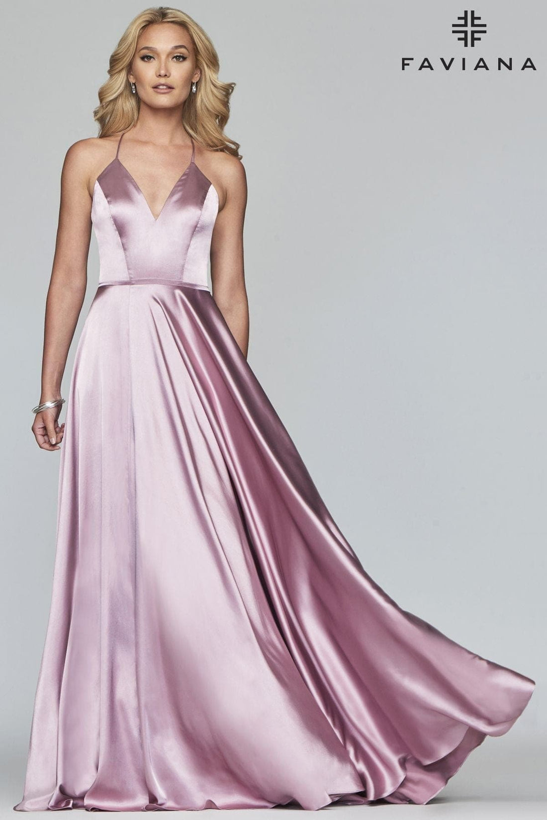 Silky Charmeuse Lace Up Back Prom Dress With Side Pockets | Faviana